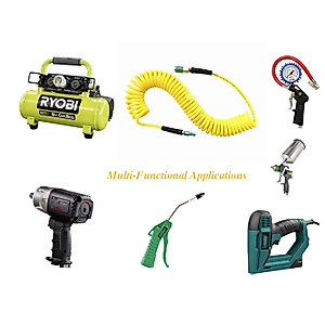 SANFU (PU) Polyurethane Recoil Air Hose 1/4”ID x 25ft with Bend Restrictor,1/4” Industrial Steel Quick Coupler and Plug, 2-Pack