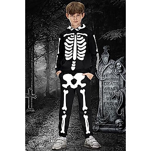 Kid Girls Skeleton Bone Hooded Sweatshirts Skull Halloween Pullover Hoodies for Boys 7-8 Years