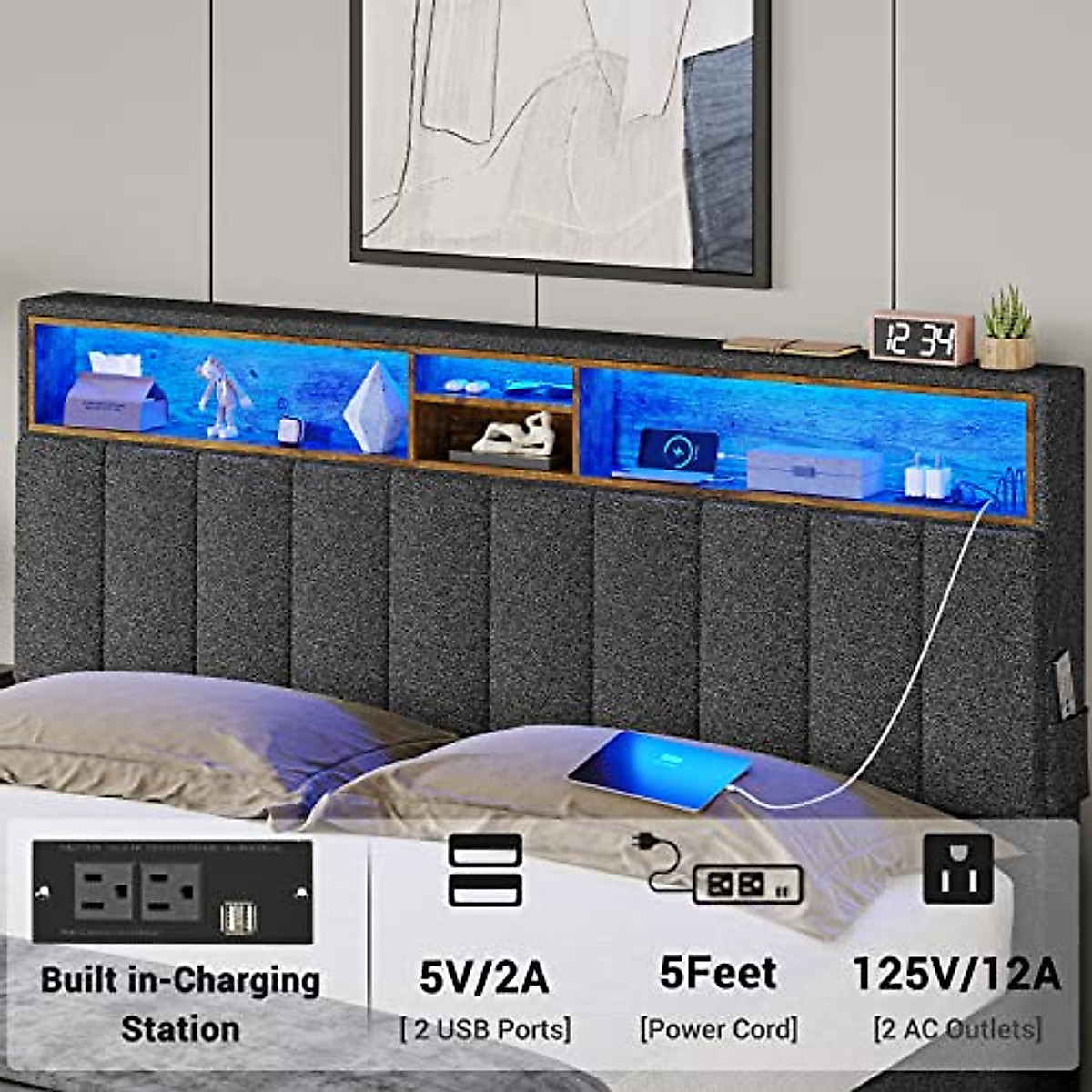 ADORNEVE Queen LED Bed Frame with Outlet and USB Ports, Queen Bed Frame with Storage Headboard, Modern Platform Bed with Storage & LED Lights, No Box Spring Needed, Easy Assembly, Dark Grey