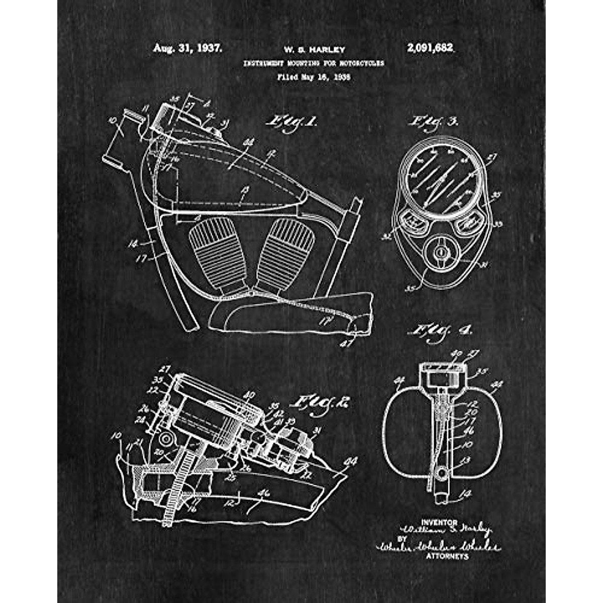 Motorcycle Patent Art Prints - Set of SIX 8"x10" - Wall Decor - Great Gift for Motorcycle Lovers - Chalkboard