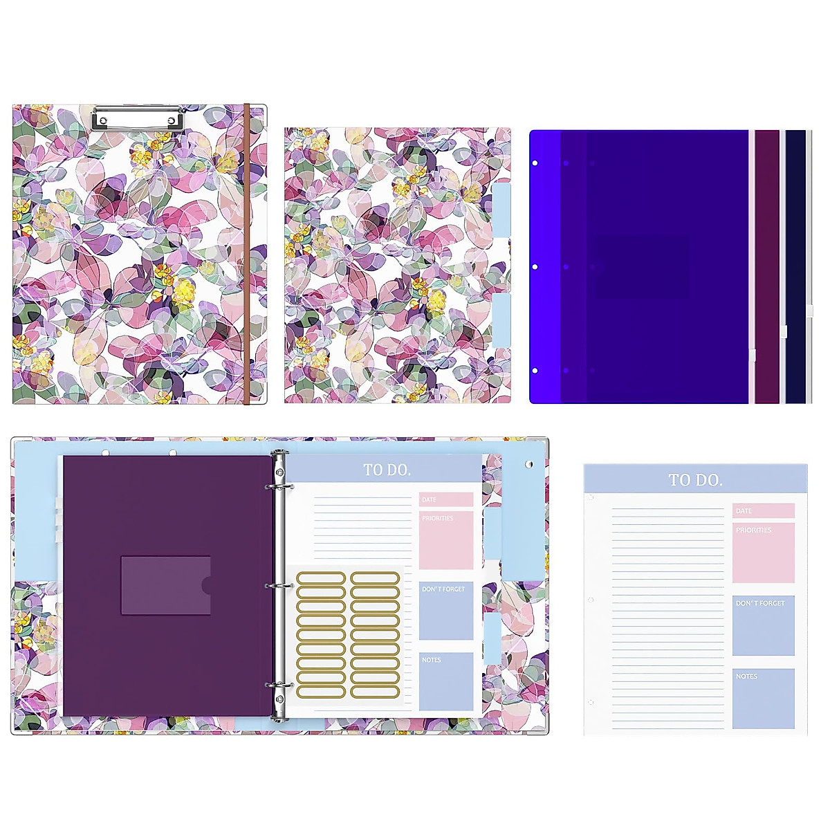 ZAXMEY 3 Ring Binder, 1 Inches Round Ring Binder with Clipboard, Dividers Tabs, PVC Zipper Bag Sleeves & to Do List Planners for Women, Men, School, Office Supplies, Colorful Flower