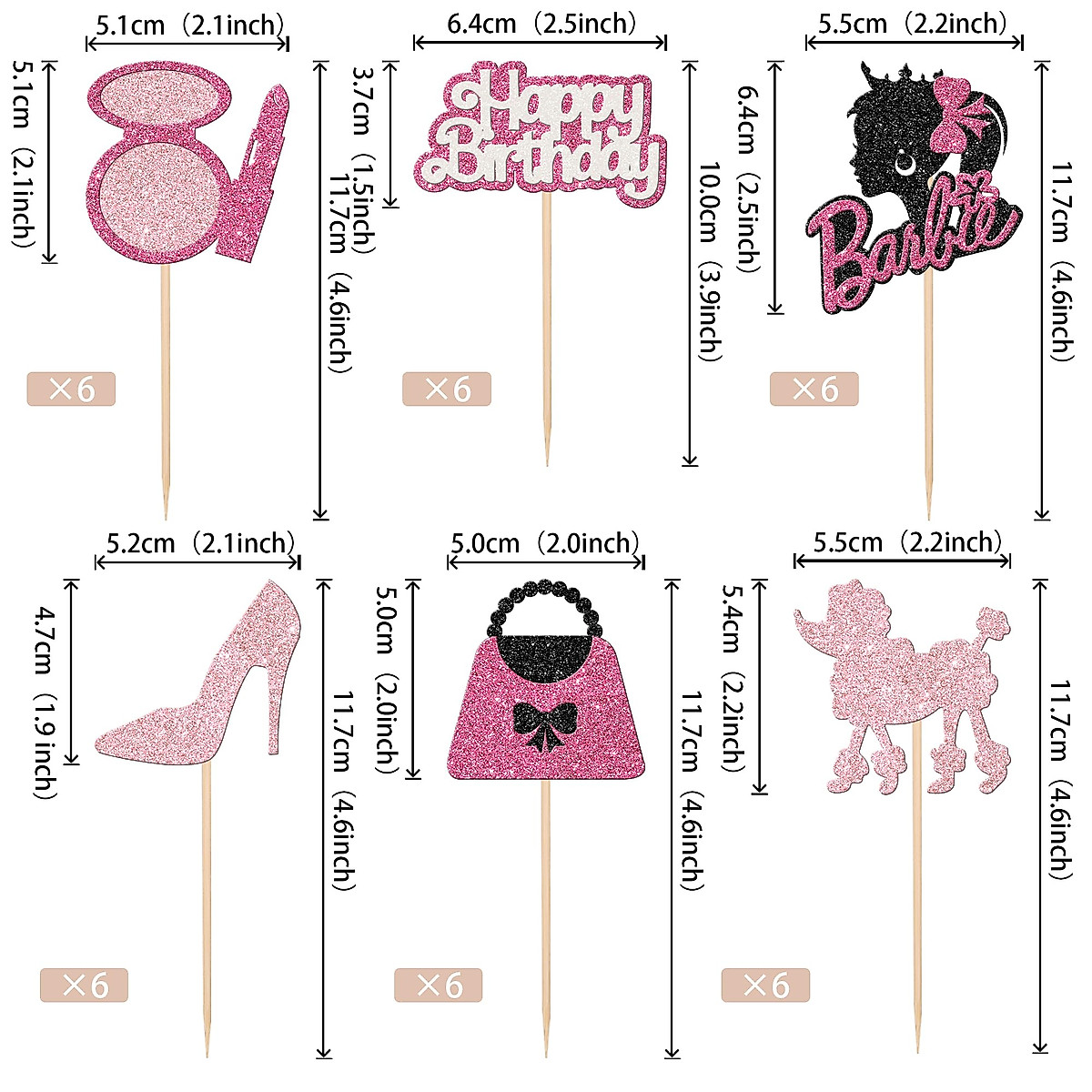 30 Pack Princess Cupcake Toppers Glitter Happy Birthday Lipstick High Heel Bag Cupcake Picks for Baby Shower Bridal Shower Wedding Princess Birthday Anniversary Theme Party Cake Decorations Pink Black