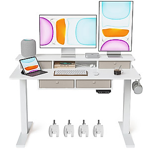 BANTI Height Adjustable Electric Standing Desk with 4 Drawers, 48 x 24 Inch Table with Storage Shelf, Sit Stand Desk, White Top