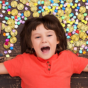 Pirate Treasure 100 Pieces Gold Coins and 100 Pieces Gem Jewelry Treasure Fake Gold Coins Toys for Pirate Party Decorations Halloween Adventure Themed Event Party Supplies