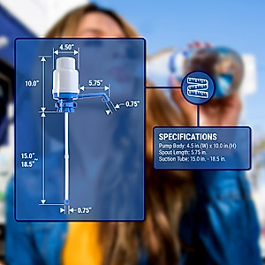Dolphin Manual Water Pump for 5 Gallon Bottles, Fits 2-6 Gallon Bottles, Blue Manual Hand Pressure Water Dispenser, Secure Fit on Crown Top Jugs, 3 Tube Lengths, Sanitary Cap, BPA-Free