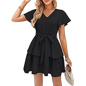 ZAFUL Womens Casual Short Sleeve Mini Dress V Neck Tie Waist Solid Tiered Ruffle Swing A-Line Dress (Black, M)