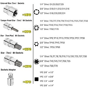 ARUCMIN 64-Piece External Torx Bit Socket Set, 1/4, 3/8, 1/2-inch Drive Master Hex and Star Bit Set, S2 and CR-V Steel (E4-E24, T6-T70, TT6-TT70, TP8-TP60)