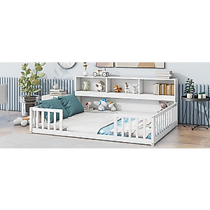 Full Size Bed Frame with Side Bookcase, Floor Bed Frame Full Size with Storage Shelves, Full Size Platform Bed Frame with Safety Guardrails, Montessori Bed Frame without Slats for Girls, Boys, White