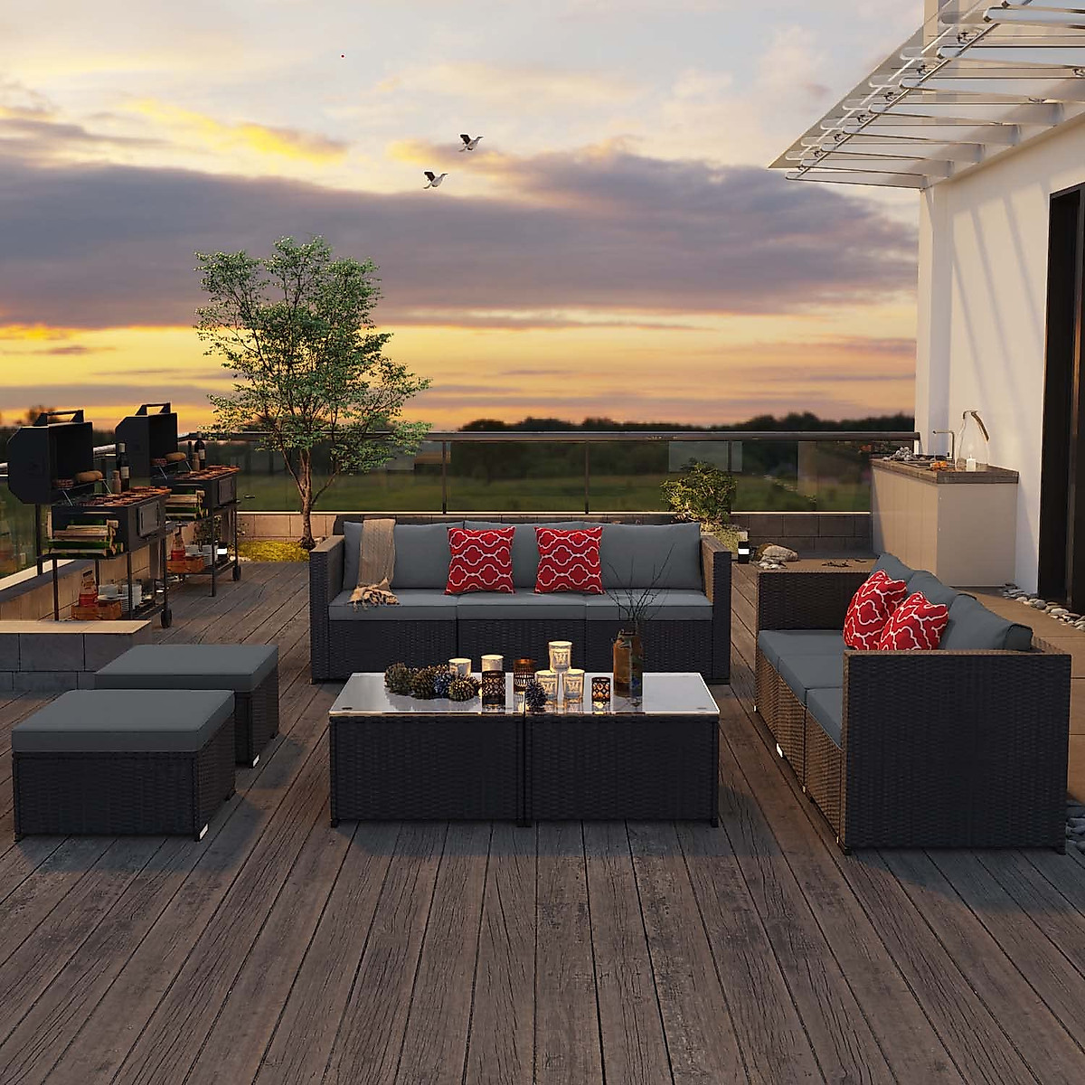 Aiho Outdoor Patio Furniture Sets All Weather Outdoor Sofa PE Garden Furniture Wicker Rattan Patio Conversation Set with Glass Table (Grey)