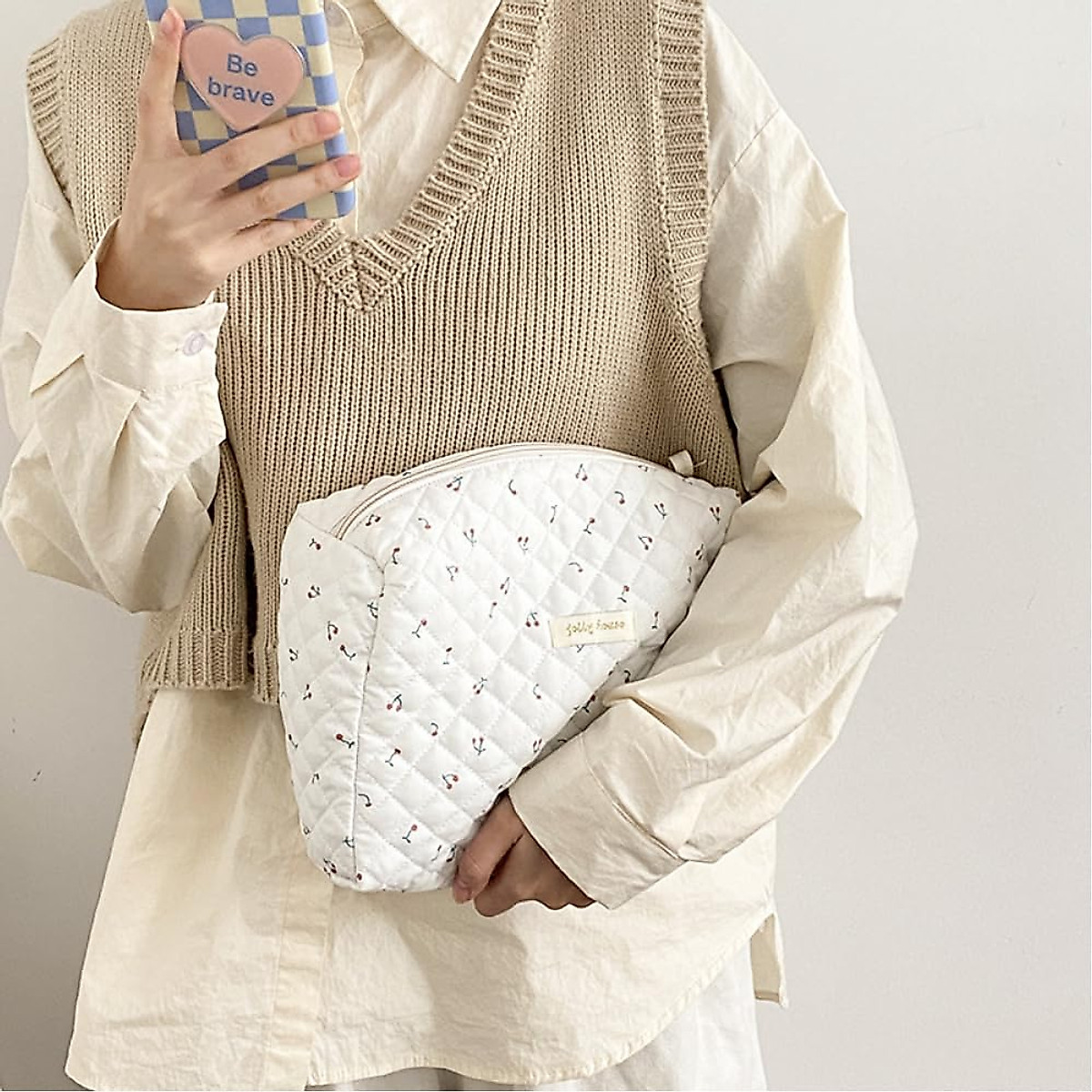 BILIPOPX 2 Pack Kawaii Cute Makeup Bag Aesthetic Travel Quilted Cotton Cosmetic Bag Organizer Toiletry Pouch for Women Teen Girls