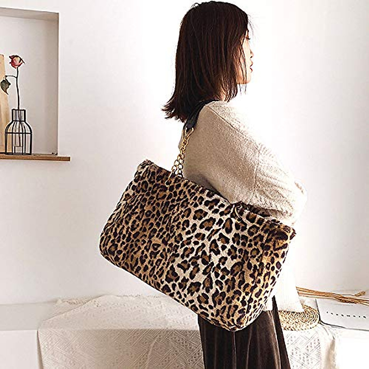 Aisa Choice Women's Faux Fur Tote Purse Furry Leopard Large Capacity Shoulder Bag Satchel Handbag …