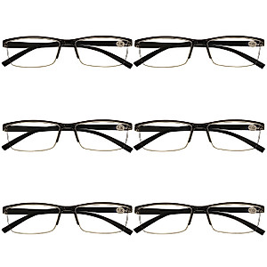B and Q 6 Pack Mens Rectangular Half Frame Blue Light Blocking Reading Glasses Black Spring Hinge Readers (BQ8008 BK x 6, 1.50) 1.5