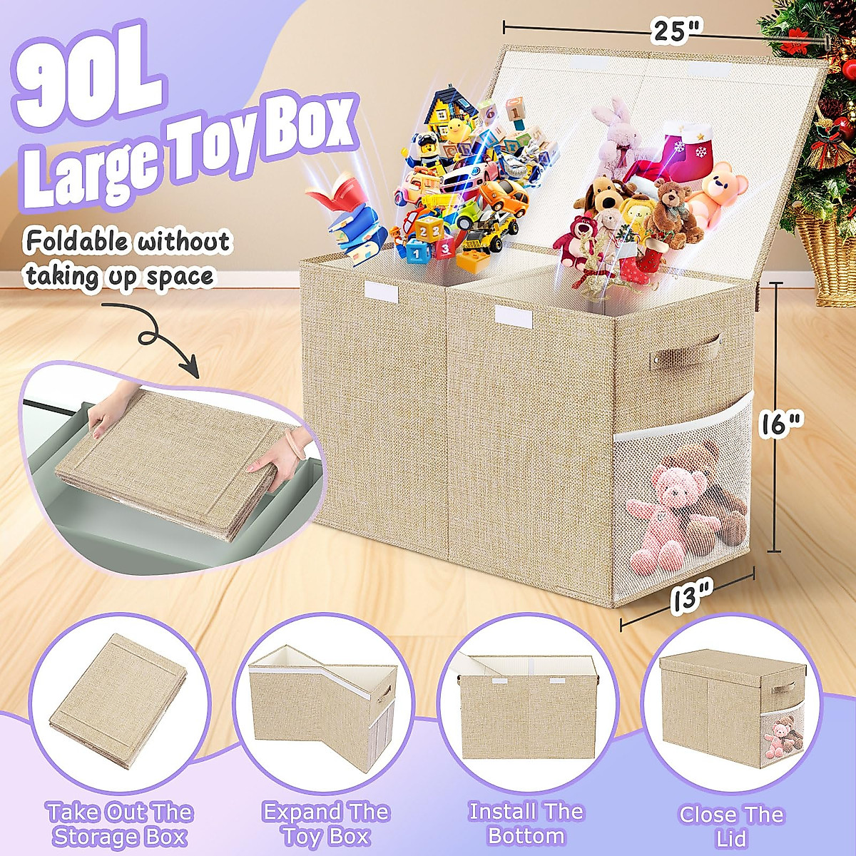 Large Toy Box, Collapsible Storage Bins with Lids, Toy Storage Organizer Toddler Bin Boxes for Kids Boys Girls, 25"x13"x16"Toy Chest Bin Box Baskets for Nursery, Living Room, Playroom, Bedroom, Beige