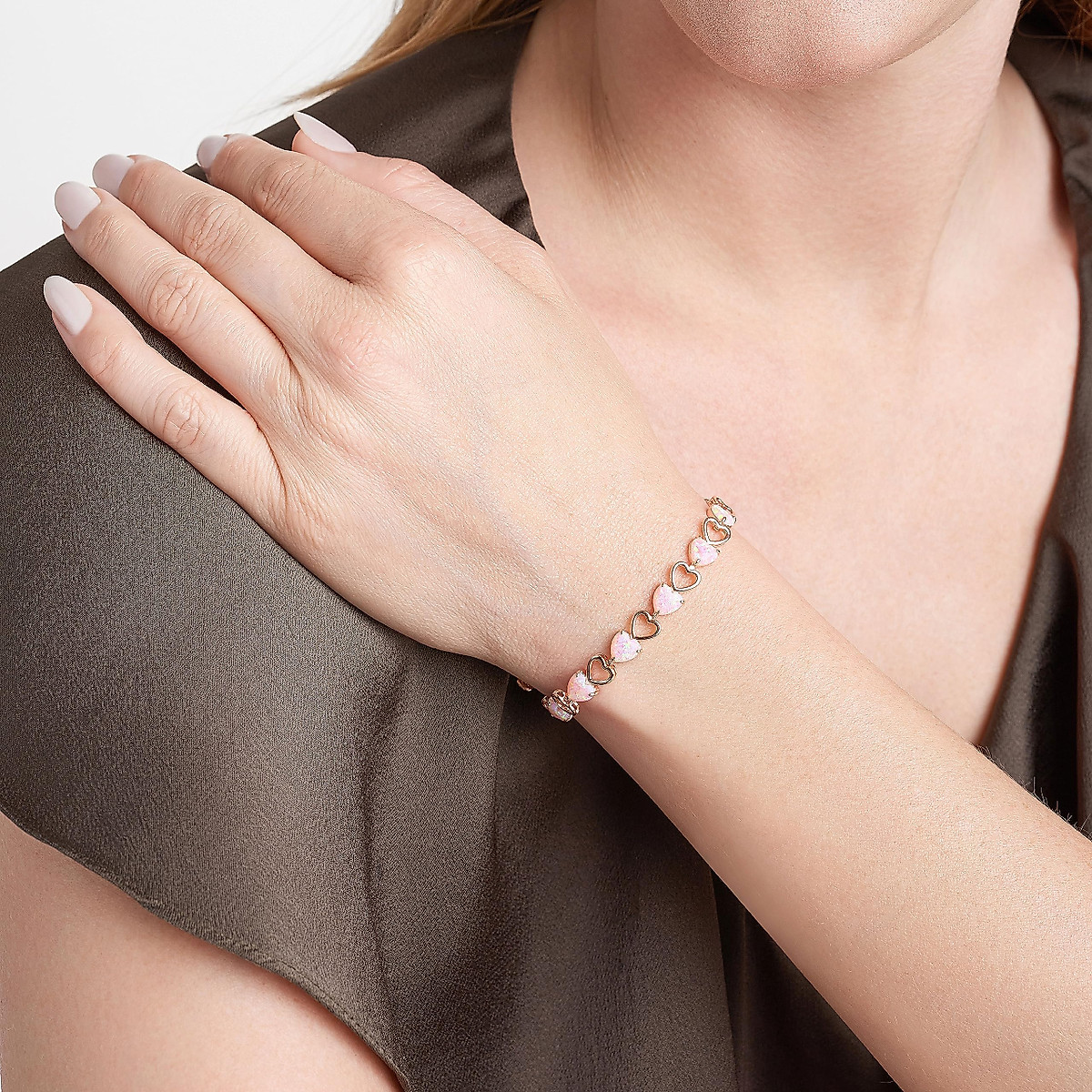MORGAN & PAIGE 14K Rose Gold Plated .925 Sterling Silver Created Pink Opal Heart Tennis Prong Setting Bracelet, 7-1/4"