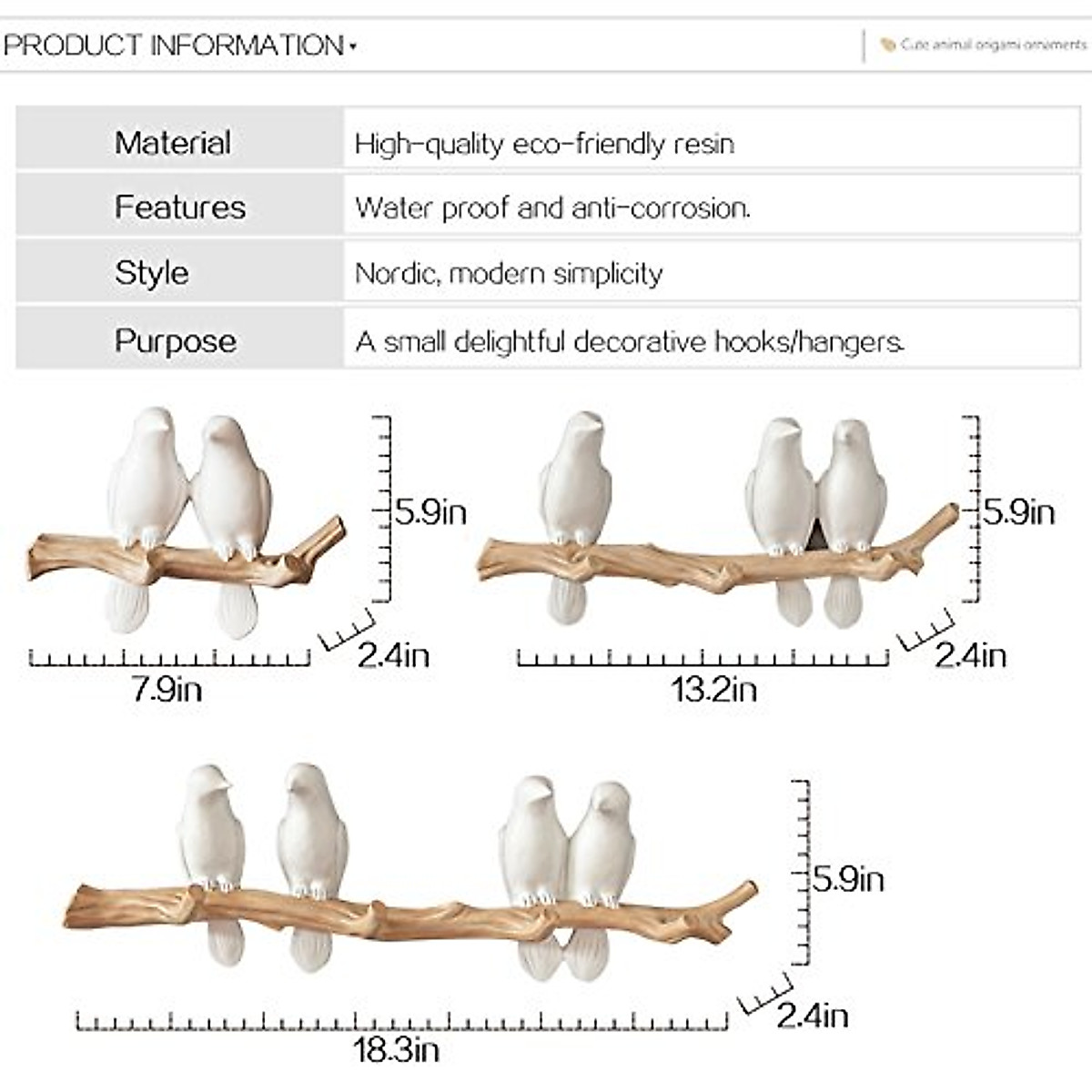 WINGOFFLY® Decorative Birds On Tree Branch Wall Mounted Coat Hanger for Coats/Hats/Keys/Towels(Three Birds)