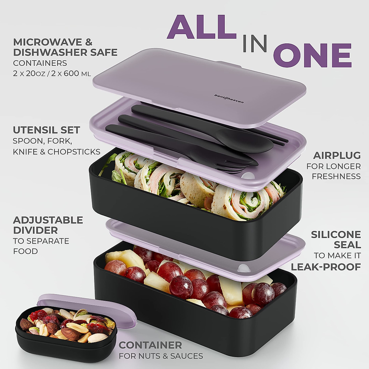 Bentoheaven Premium Bento Lunch Box with Insulated Lunch Bag - Includes Sauce Cup, Divider, Cutlery & Chopsticks - Made of Durable Aluminum and Foam