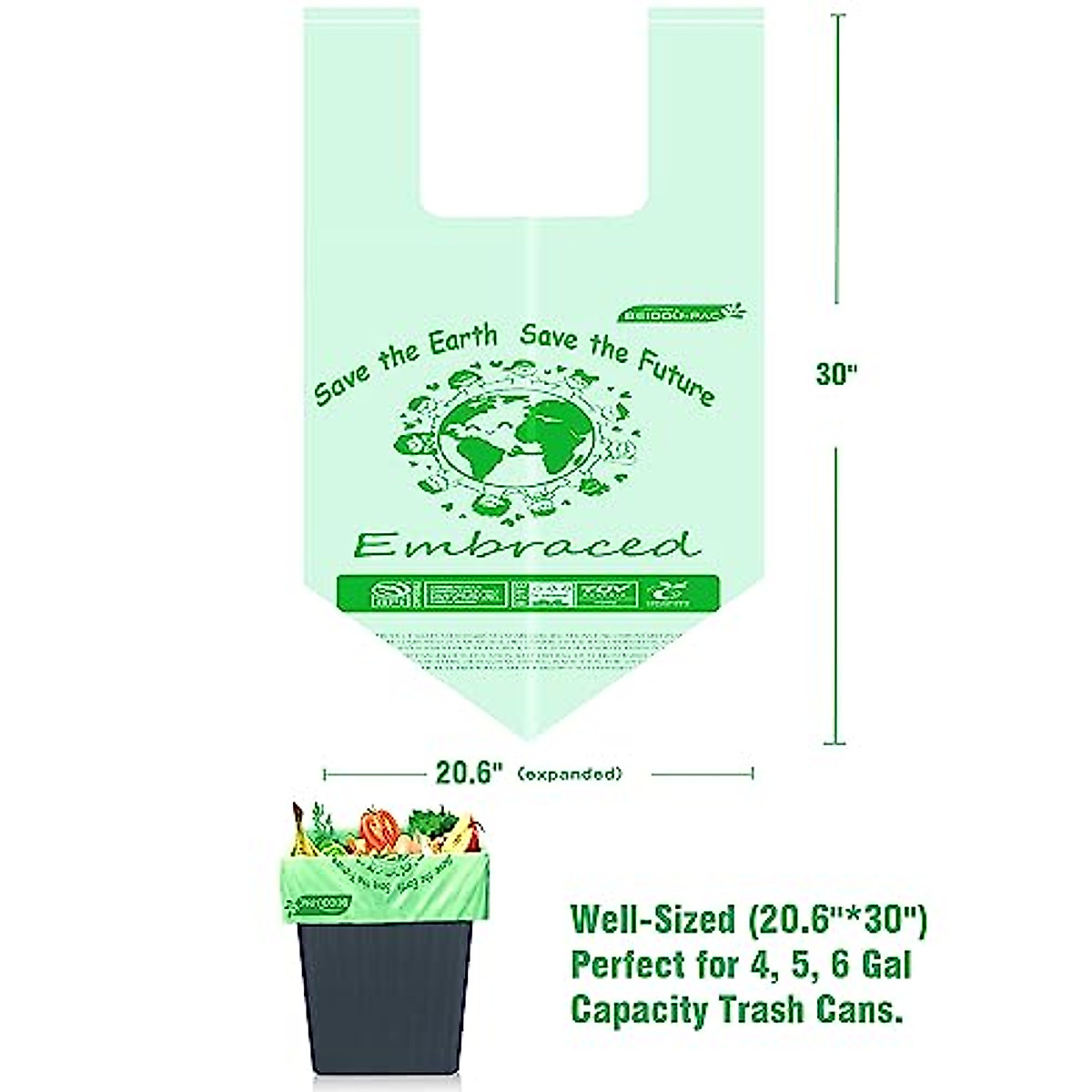 BEIDOU-PAC 4-6 Gallon Compostable Trash Bags, 50 Count, Compost Bags Kitchen Trash Bags with Handle, Sturdy Biodegradable Garbage Bags Food Scrap Waste Bags, ASTM D6400, US BPI Certified