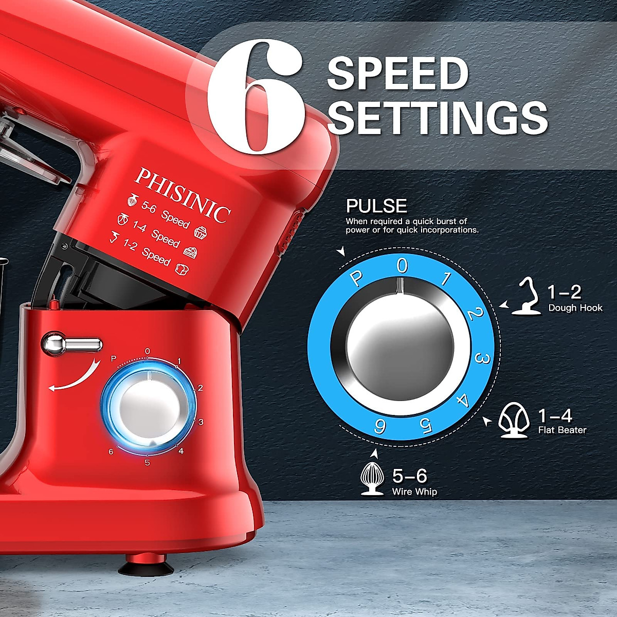 Stand Mixer, 5.8Qt Electric Mixer PHISINIC, 660W 6-Speed Tilt-Head Household Stand Mixer, Kitchen Food Mixer with Dough Hook, Wire Whip and Beater, for Baking, Cake, Cookie, Kneading