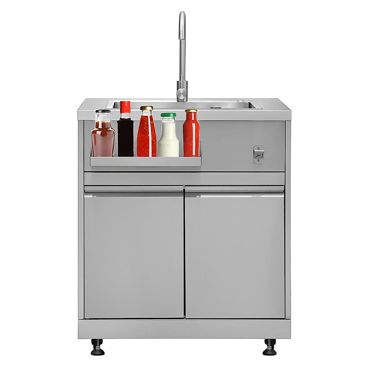 Portable Stainless Steel Sink Station, 32 Inch Single Bowl Kitchen Sink Cabinet, Freestanding Commercial Restaurant Bar Sink with Faucet, Mobile Sink with Hose Hook Up, Bottle Opener and Storage Tray