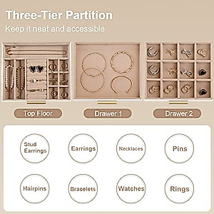 Somduy Jewelry Box Organizer for Women,3 Layers Jewelry Storage Display Box with Glass Lid,Gift for Christmas,3 Drawers,Large Capacity for Necklace Earrings Bracelets Rings,White