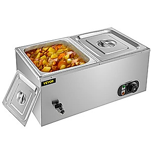 VEVOR 110V 2 Commercial Food Warmer 850W Electric Steam Table 15cm/6inch Deep Stainless Steel Bain Marie 11Quart/Pan for Buffet Catering, Silver
