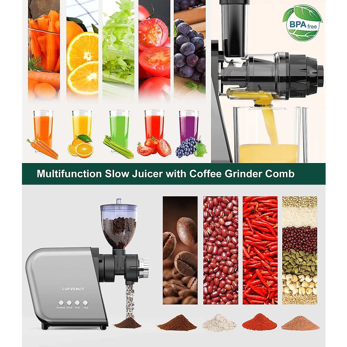 Cold Pressed Juicer Machine For Fruit and Vegetable, Coffee Grinder Machine, Slow Masticating Juicer Electric Coffee Bean Grinder from Espresso to Cold Brew, Easy to Clean Juice Extractor,Quiet Motor