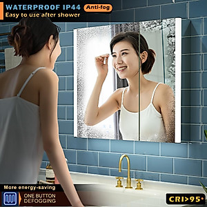 KWW LED Bathroom Mirror Cabinet with Socket & USBs, Defogger, Dimmable, 3 Color Light Makeup Mirror, Easy to Install, Wall Mounted Medicine Cabinet (32 x 28 Inch)