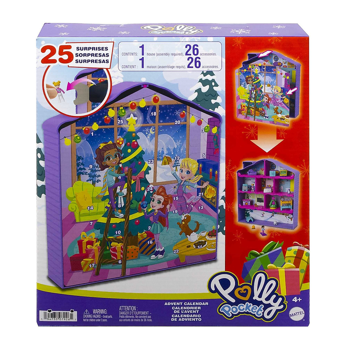 Polly Pocket Advent Calendar, Winter House Design, 25 Surprises Including 2 Micro Dolls, 3 Animal Figures, Furniture & Accessories