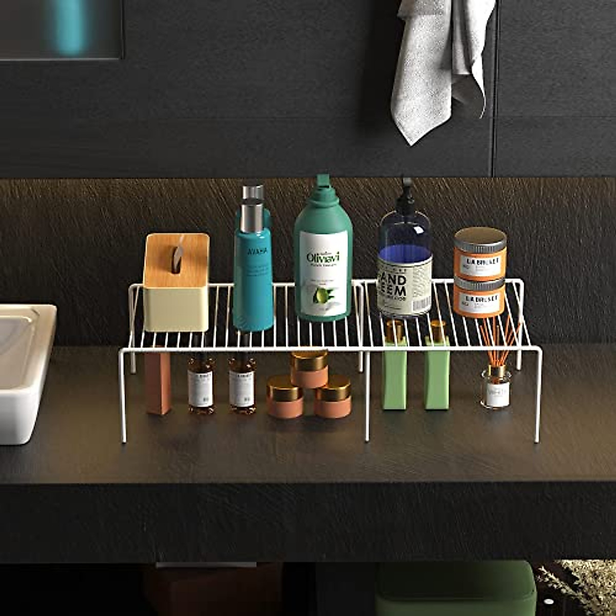 GEDLIRE Kitchen Cabinet Expandable Shelf Organizers Set of 2, Adjustable Metal Wire Pantry Storage Shelves, Plate Dish Organizer Rack for Cabinets, Cupboard, Counter, Freezer, Countertop, White