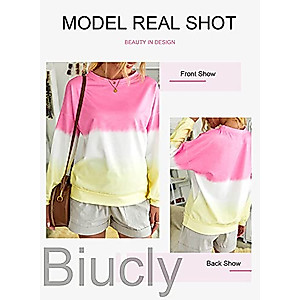Biucly Women Color Block Lightweight Sweatshirt Long Sleeve Tie Dye Pullover Hoodie,US 12-14(L),Pink,White,Yellow