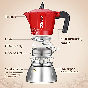 OGNI ORA Stovetop Espresso Maker Moka Pot, Red 4 Cup(150 ml) Camping Coffee Pot Double Valve Design Espresso Coffee Maker Suitable for Gas, Induction, Electric Pottery Stove