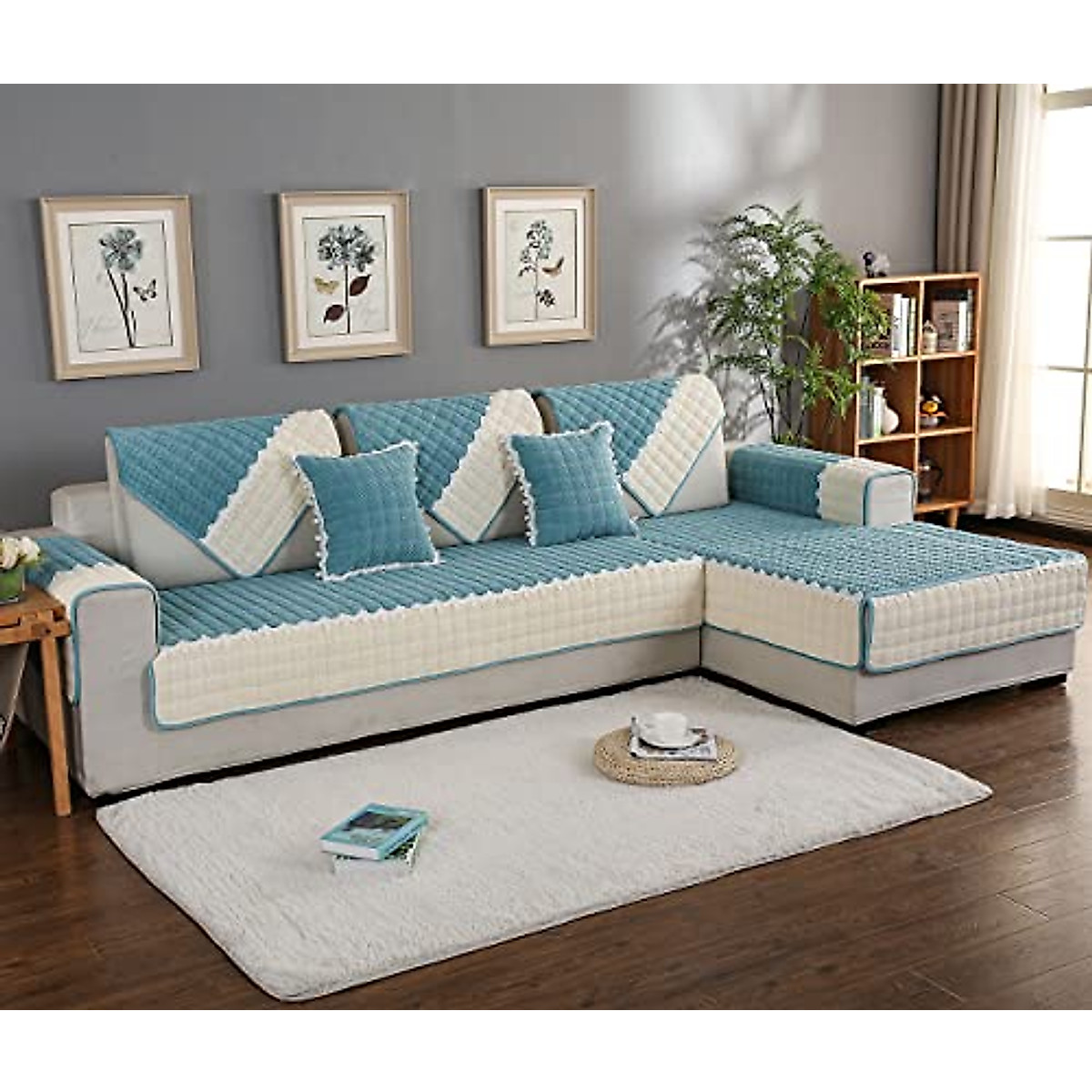 vctops Soft Corduroy Sofa Couch Cover, Plaid Sectional Couch Covers, Non-Slip Sofa Slipcover for Dogs Cats Kids(Blue,36"x63")