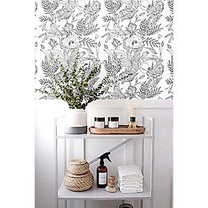 Elegant Lily Lotus Floral Adhesive Shelf Liner Peel & Stick Dresser Drawer Sticker Cabinet Sticker Furniture Contact Paper, 17.7 Inch by 9.8 Feet(Black&White)