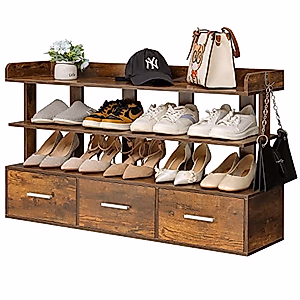 usikey Vertical Shoe Rack, 3-Tier Wooden Shoe Racks with 3 Bottom Drawers & 2 Hooks, Shoe Storage Shelf, Modern Shoe Rack Organizer for Entryway, Hallway, Closet, Rustic Brown