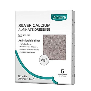 Dimora Ag Silver Calcium Alginate Wound Dressing Pads, 4'' x 4'' Patches, 5 Individual Pack, Highly Absorbent Dressing, Non-Stick Sterile Gauze