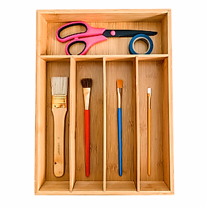 Drawer Organizer By Kozy Kitchen| 100% Organic Bamboo| Premium Cutlery and Utensil Tray| Perfect For The Kitchen, Bathroom, Desk, etc.| Kitchen Drawer Divider with 5 Compartments