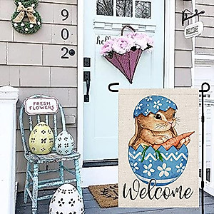 Easter Egg Bunny Garden Flag Double Sided Vertical Burlap 12×18 Inch, Welcome Spring Farmhouse Yard Outdoor Decoration DF021