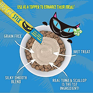 Tiki Cat Stix Wet Mousse Single-Serve Treats in 3-Flavor Bundle: 1 Tuna and Scallops, 1 Duck and 1 Chicken and Shrimp (3 Packs Total, 6 Stix per Pack, 18 Stix Total) Plus Shaynanigans Silicone Lid