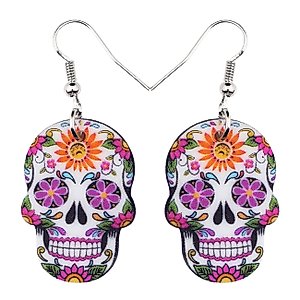 NEWEI Cute Halloween Sugar Skull Earrings Dangle Acrylic Skull Decor Gifts for Women Festival Charms (Purple)