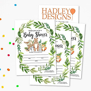 25 Greenery Woodland Baby Shower Invitations, Sprinkle Invite For Boy or Girl, Coed Rustic Gender Reveal Neutral Theme, Cute Deer Bunny Fill Write In Blank Printable Card, Animal Party DIY Supplies