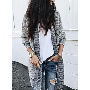 Sidefeel Womens Cardigan Plaid Open Front Chunky Knit Oversized Long Cardigan Sweaters Winter Coats Gray Medium