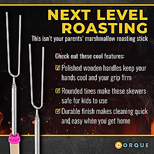 CORQUE Marshmallow Roasting Sticks, Smores Sticks, Extendable, Camping Skewer for Fire Pit, Wooden Handle, 32inch Metal for BBQ Hotdog, Cooking, Campfires, Bonfires, Set of 8