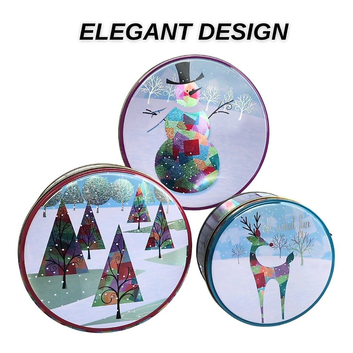 hadaaya Pack of 3 Round Tin Containers With Lids, Snowfall Themed Festive Cookie Tins For Cookies, Candies, Popcorn and many more | Tins For Gift Giving