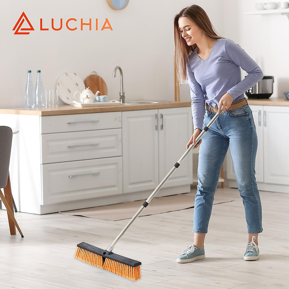 LUCHIA 18” Heavy Duty Push Broom with 65” Adjustable Stainless Steel Handle | Flagged Bristles for Indoor & Outdoor Broom for Floor Cleaning with Brooms, Gloves & Cloth | Orange