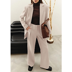 PRETTYGARDEN Women's 2024 Fall Two Piece Outfits Blazer Jacket and Wide Leg Pants Pockets Business Casual Suit Sets (Beige,Small)