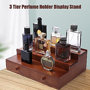 Boulphia Cologne Organizer for Men, Wooden Perfume Organizer for Dresser, Perfume Holder Cologne Stand with 3 Tier Display Shelf, Drawer and Hidden Compartment for Storing Perfumes and Accessories