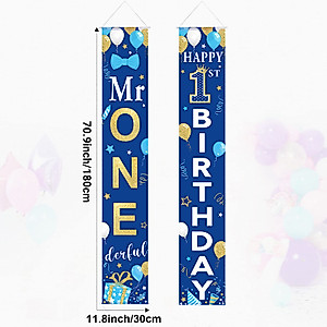 2 Pieces 1st Birthday Party Decorations Mr. Onederful Birthday Banner 1st Birthday Porch Sign Hanging Door Banner Welcome Porch Sign for Boy 1 Year Birthday Supplies Blue and Gold, 71 x 12 Inches