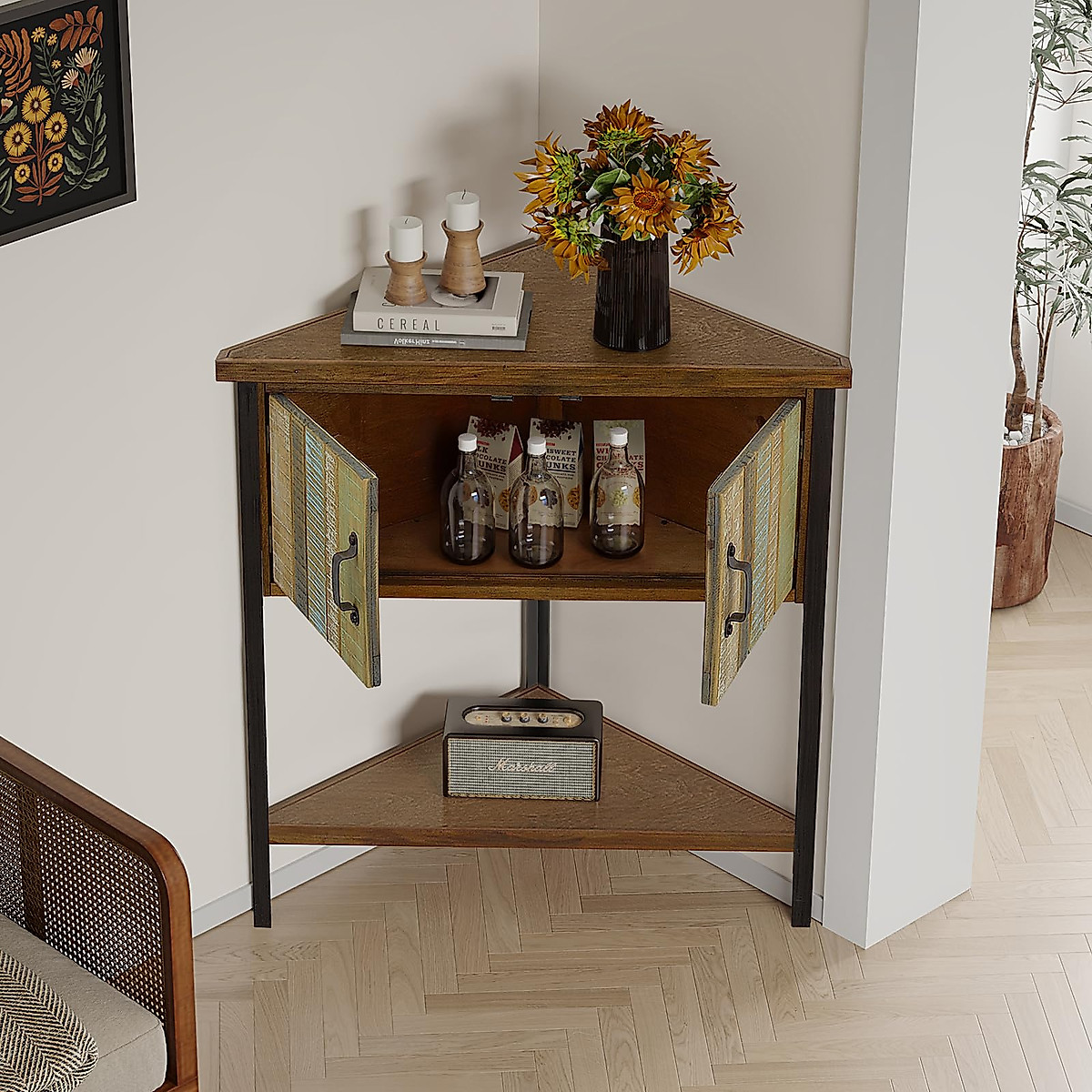 Giofanzo Corner Tables for Living Room, Small Corner Table with Storage Cabinet Table Corner Bar Accent Cabinet with Solid Wood and Metal Frame, Hand-Made Unique Corner Table（Natural Blue）