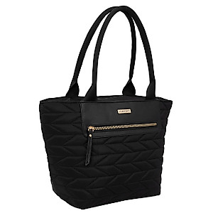 Joan & David Quilted Nylon Insulated Reusable Lunch Bag Tote Organizer Box with 12oz Water Bottle for Work Travel (Black)