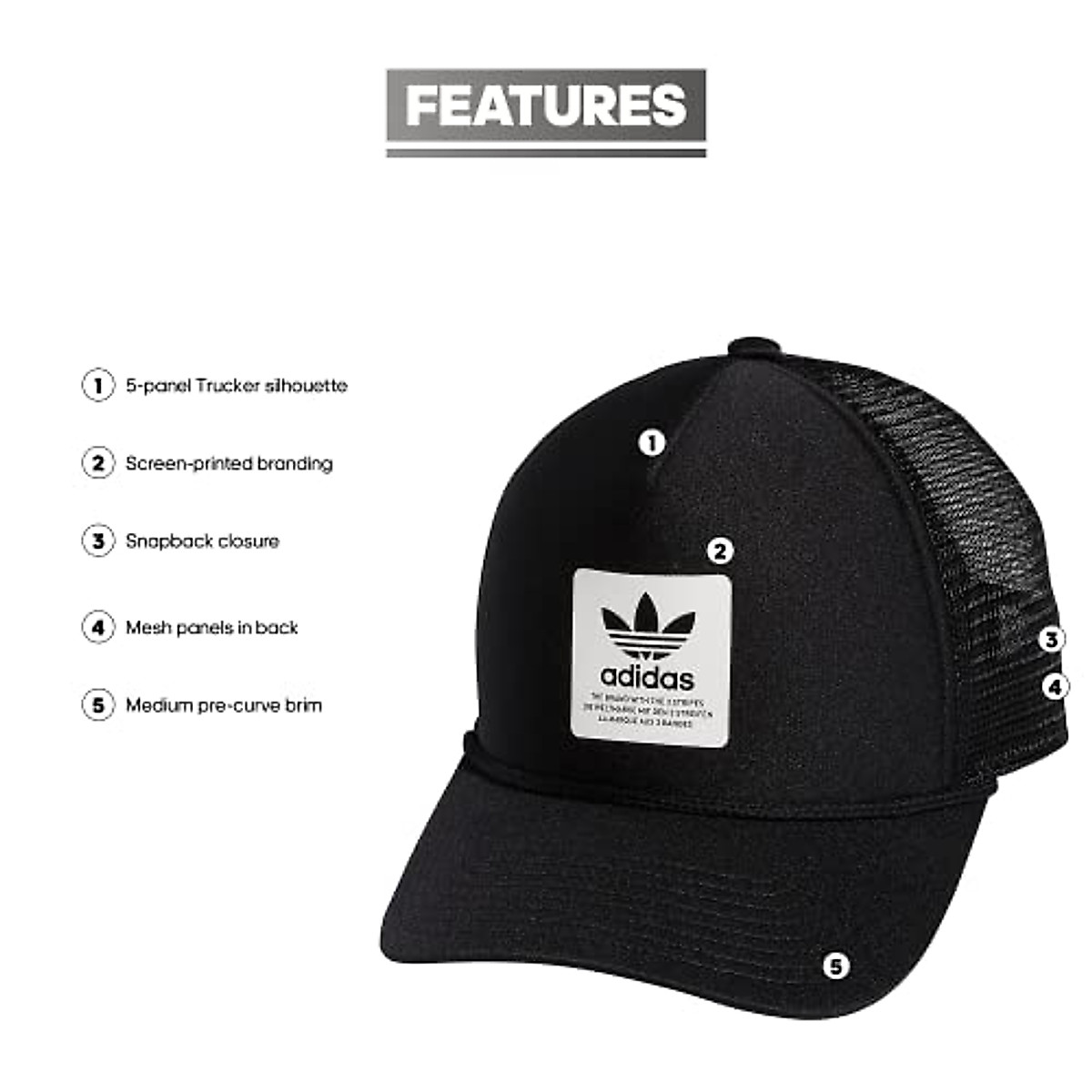 adidas Originals Dispatch Trucker 5-Panel High Crown Mesh-Back Adjustable Strapback Cap, Black/White, One Size